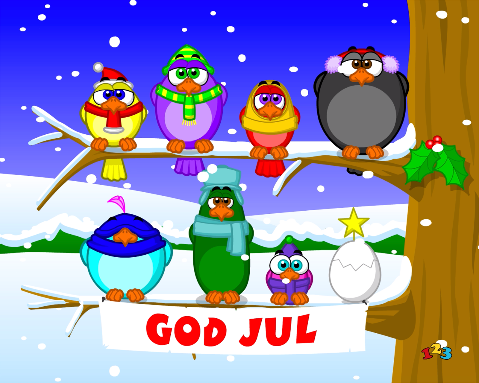 De syngende fugle - Julekort - gratis postkort fra 123kort.dk